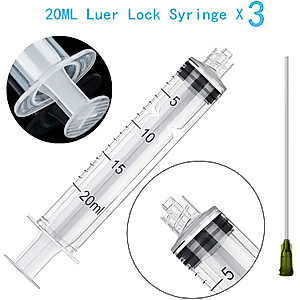 3 Pack 20ml Industrial Plastic Syringes with Blunt Luer Lock Needle 4 Inch for Scientific Labs, Glue Application, Measuring, Refilling and Transfering Liquids