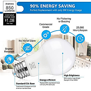 Maylaywood A19 LED Light Bulbs, 60 Watt Equivalent LED Bulbs, Daylight White 5000K, 850 Lumens, E26 Standard Base, Non-Dimmable, 9W Bright White LED Bulbs for Living Room Bedroom Home Office, 4-Pack