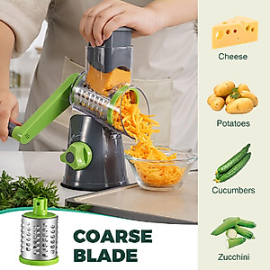 Cheese Grater with Handle, Kitchen Manual Cheese Shredder with 3 Interchangeable Blades, Rotary Cheese Grater Handheld with Strong Suction Base, Vegetable Slicer Nuts Grinder with Clean Brush