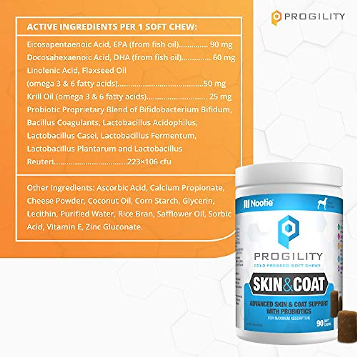 Nootie PROGILITY Advanced Skin & Coat Chews for Dogs - Supports Healthy Skin and Coat to Relieve Itchy Skin and Excessive Shedding with Krill Oil - For All Dog Sizes - 90 ct