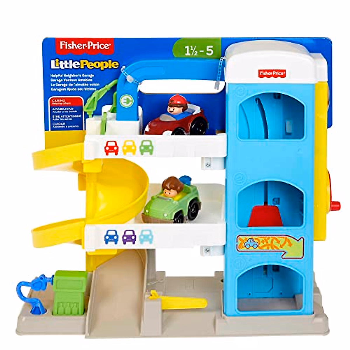 Fisher-Price Little People Toddler Toy Helpful Neighbor’S Garage Playset with Spiral Ramp and 2 Wheelies Cars for Ages 18+ Months