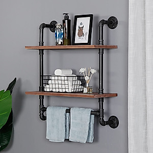 SSS Furniture Industrial Pipe Shelf Bathroom Shelves Wall Mounted, 2 Tier 19.6in Rustic Wood Floating Shroom Decor Wall Shelfelves with Towel Bar, Farmhouse Rustic Bath