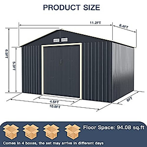 Giantex Outdoor Storage Shed with Double Sliding Door, Galvanized Metal Garden Storage Room, Front and Back Vent, Weather Resistant Tool Storage Shed for Backyard, Patio, Lawn (11 x 8 FT)