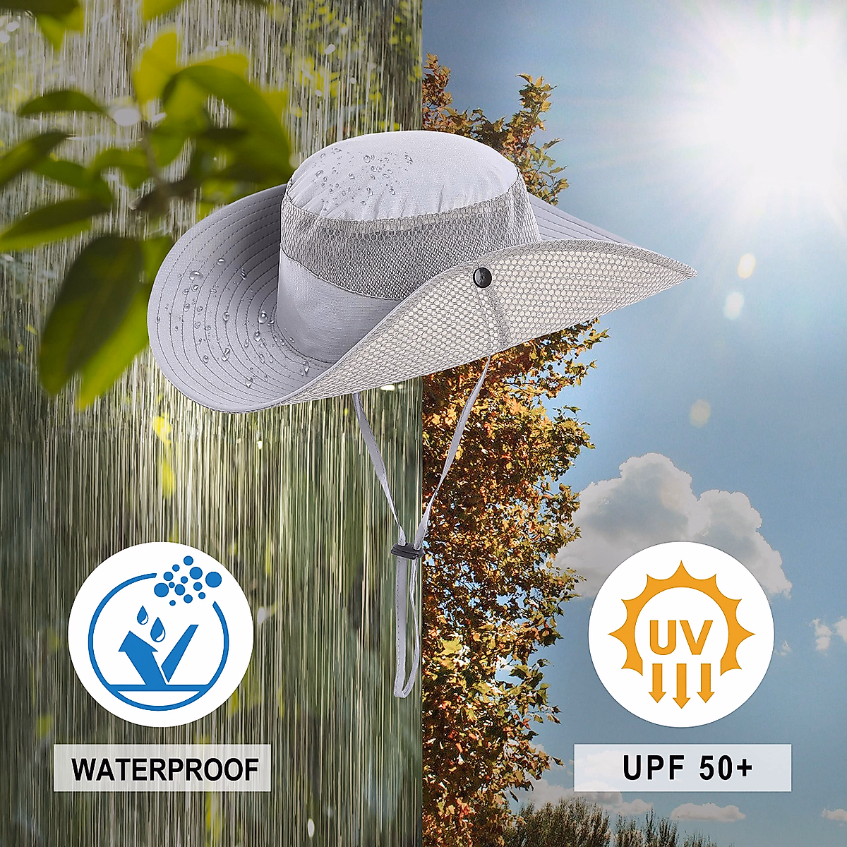Koreshion Mens Womens Sun Hat Wide Brim Breathable Mesh UPF 50+ Bucket Hat Waterproof Fishing Hat Quick-drying Safari Hat Foldable Boonie Cap Outdoor Sun Protection Cap Light Gray