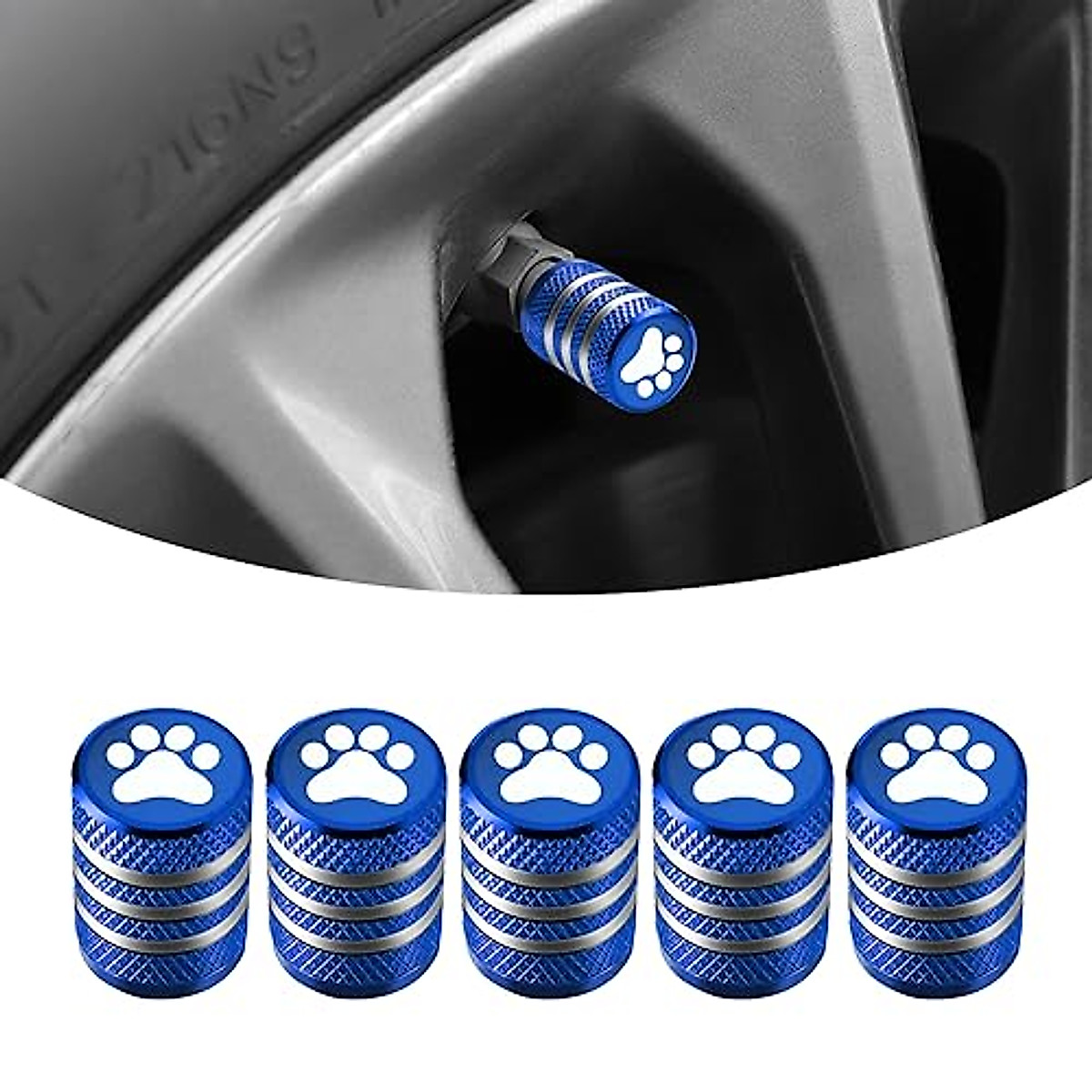 Hawyet 5 PCS Tire Valve Stem Caps, Dog Paw Tire Covers, Aluminum Alloy Car Anti-dust Caps, Universal for Most Cars (Blue)