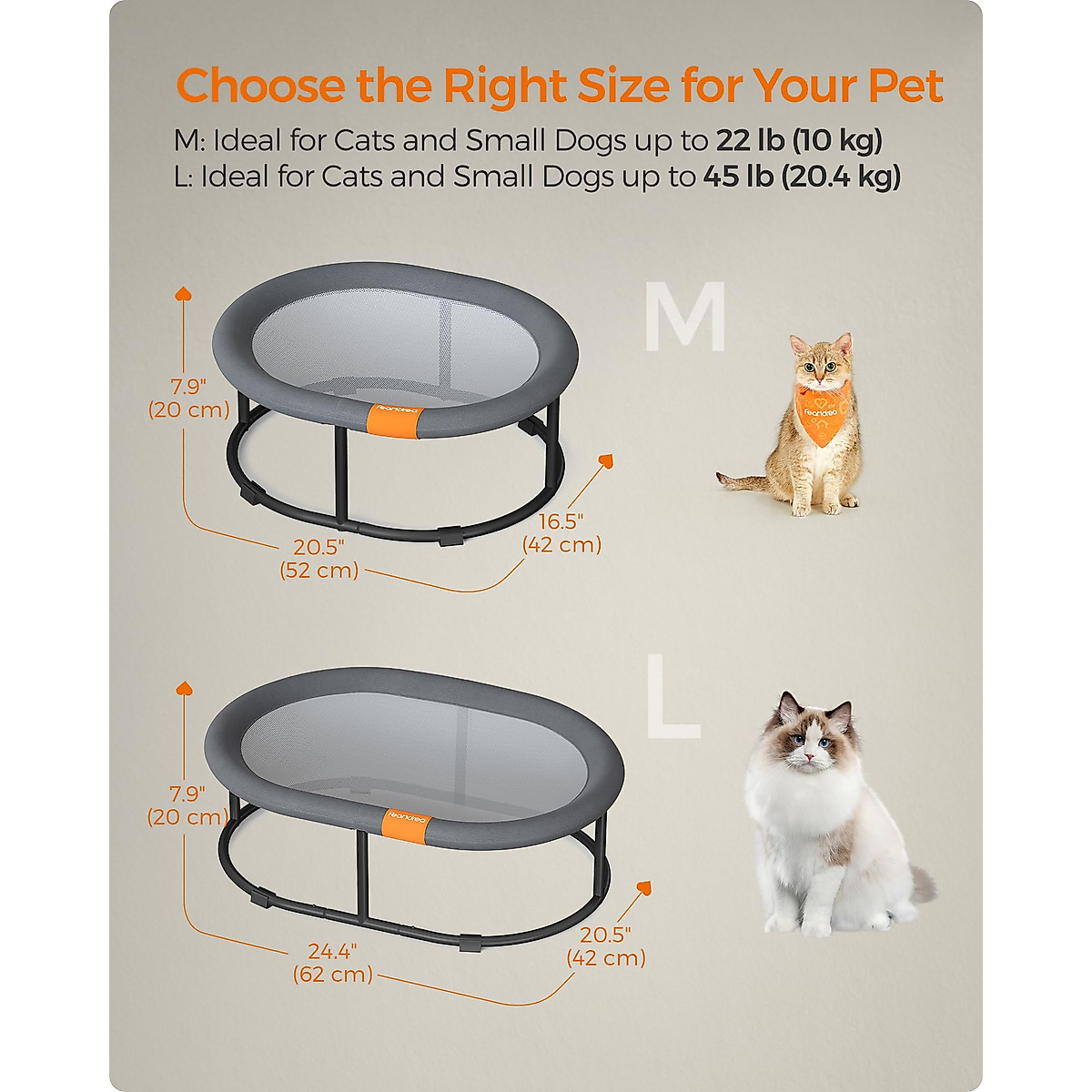 Feandrea Pet Bed, Cat Hammock, Elevated Cat Bed for Multiple Cats, with Removable Washable Mesh, for Pets up to 20 lb, Oval, Gray UPCB001G01