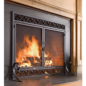 Plow & Hearth Metal Fireplace Screen Scrollwork Black | 44" W x 33" H | 2 Door | Spark Guard Grate | Fire Place Cover | Wood Burning Stove Accessories
