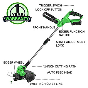 SOYUS Weed Wacker Cordless, 12 Inch String Trimmer Battery Powered with Battery and Charger, Lightweight Edger Trimmer with 8 Pcs Replace Spool Trimmer Lines