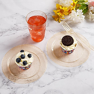 Goodluck 120PCS Gold Glitter Plates with Plastic Forks, Gold Dessert Plates for 60 Guests, Heavy Duty Disposable Plates for Party, Including 60 7" Plastic Plates and 60 7.4" Plastic Forks