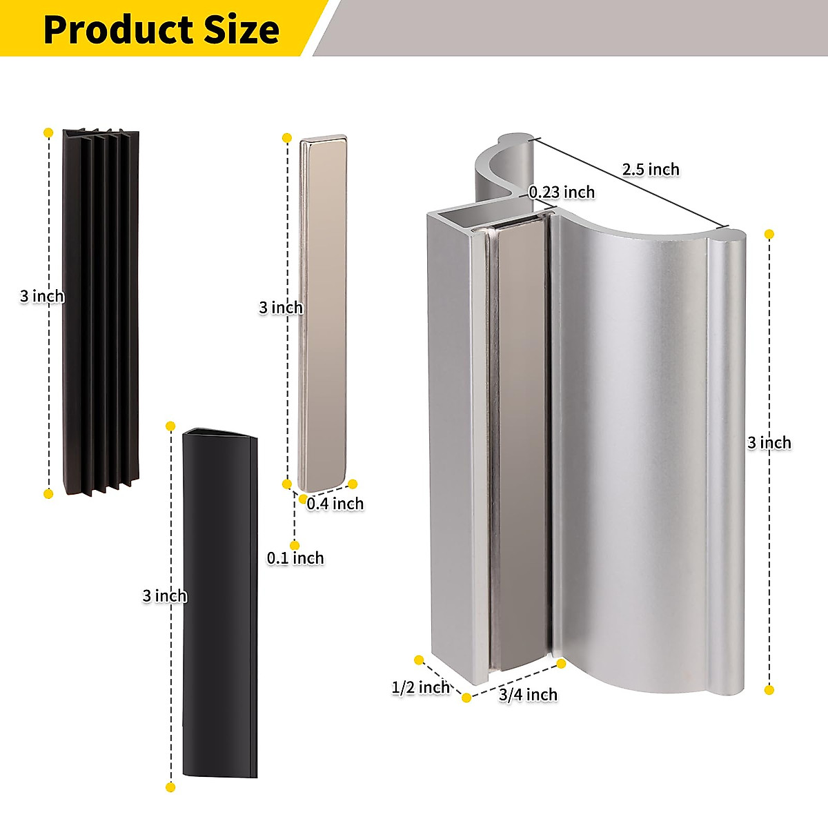 3" Shower Door Handle with Metal Strike and 3" Magnet fits 1/8", 5/32", 3/16" and 1/4" Thick Swing Glass Shower Doors,Shower Door Magnetic Strip Replacement.