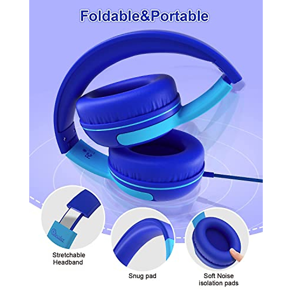 ELECDER Kids Headphones, S8 Wired Headphones for Kids with Microphone for Boys Girls, Adjustable 85dB/94dB Volume Limited, 3.5 mm Jack for School/Kindle/Smartphones/Tablet/Airplane Travel(Navy/Blue)