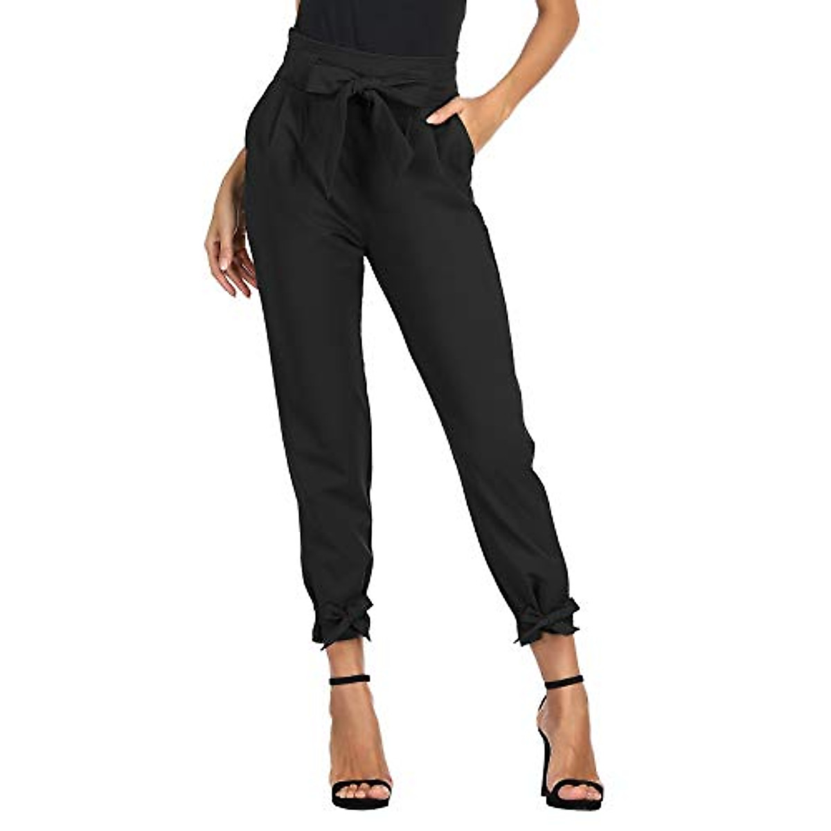 GRACE KARIN Women Solid Casual Work Trousers High Waist Ruffle Bow Tie Pants L Black