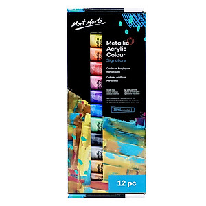 Mont Marte Premium Metallic Acrylic Paint Set, 12 x 1.02oz (36ml) Tubes, 12 Colors, Suitable for Most Surfaces Including Canvas, Card, Paper and Wood