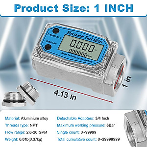 UwinVwin 1" 2.6-26 GPM Inline NPT Thread Flowmeter, Digital Turbine Fuel Flow Meter, for Water, Diesel, Gas Oil, Gasoline, and Other Liquids - Supports Gallon, QTS, PTS, L, m³ with 3/4 in Adapters