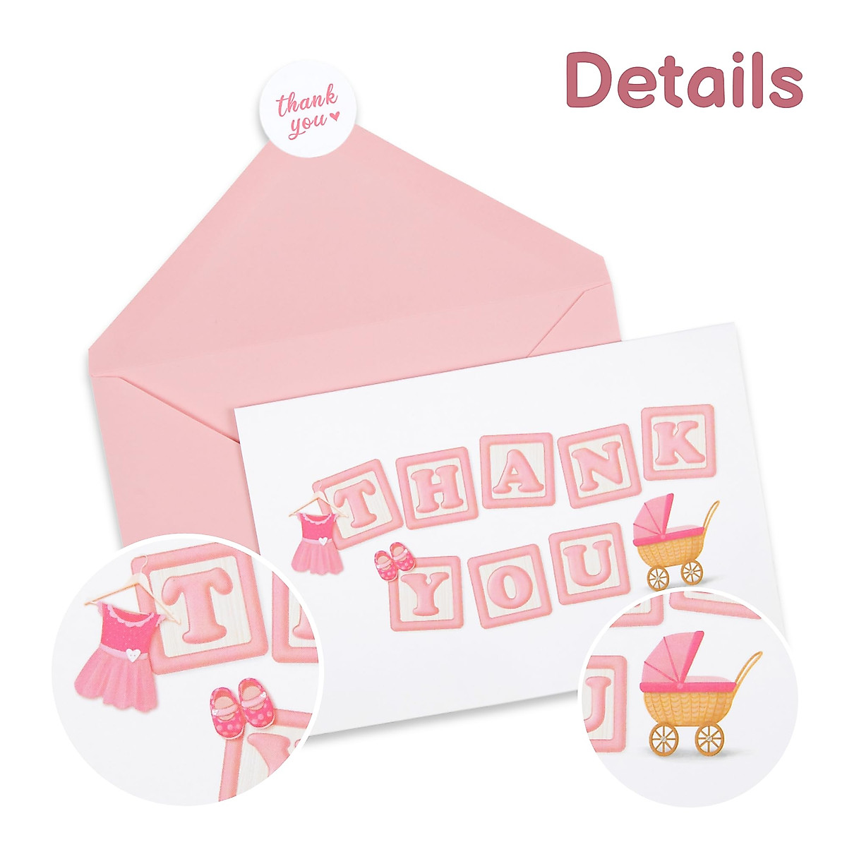 apearrie Baby Shower Thank You Cards with Envelopes, Set of 24 Thank You Cards Baby Shower, Pink Baby Thank You Cards with Envelopes, Thank You Baby Shower Cards