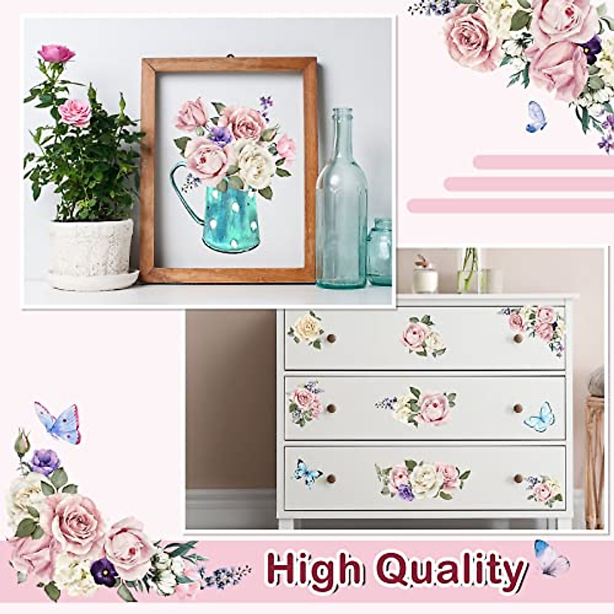 4 Sheets Rub on Transfers 16 x 12 Inches Sunflower Rose Eucalyptus Furniture Rub on Transfers Stickers for Crafts Wood Furniture Fabric Journal Envelope Scrapbooking (Rose Style)