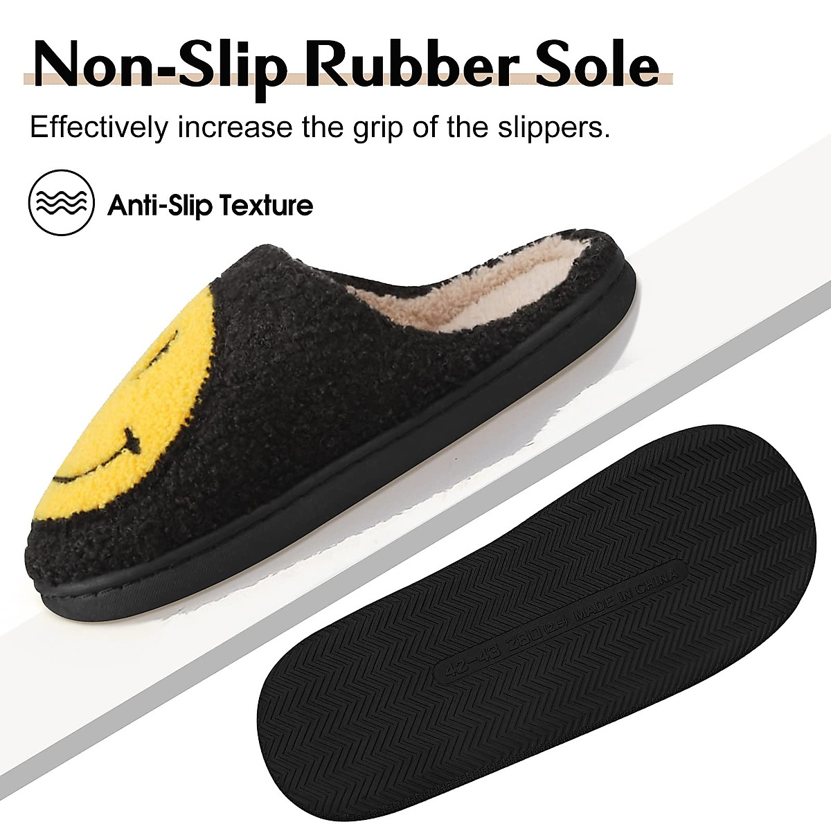 Bevaney Smile Face Slippers for Women, Soft Plush Smile Slippers Retro Preppy Slippers with Smile Face Happy Face Slippers Slip-on Cozy Indoor Outdoor Slippers