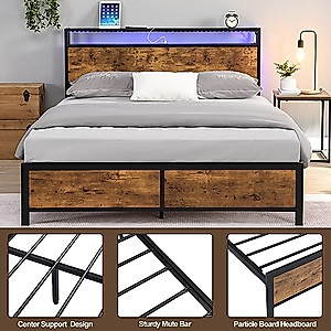 Modern Industrial Queen Bed Frame with LED Lights and 2 USB Ports, Metal Platform Bed Frame Queen Size with Storage, Noise Free, No Box Spring Needed, Strong Steel Slats Support, Rustic Brown (Queen)