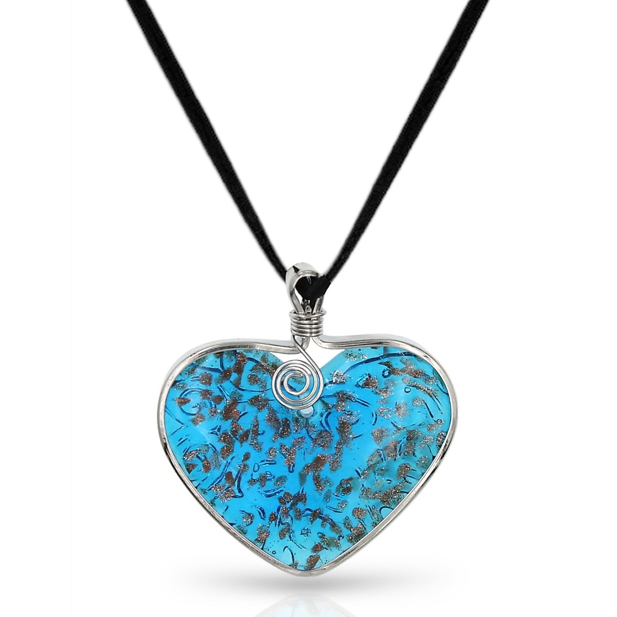 BESHEEK Handmade Murano Inspired Metal Frame Blown Glass Lampwork Art Pendant Necklace for Women│ Handcrafted Artisan Hypoallergenic Italian Style Jewelry (Blue and Gold Heart)