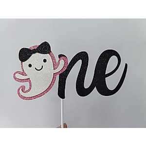 Pink and Black Glitter Halloween Ghost One Cake Topper Halloween Baby Ghost Cake Topper One Ghost Cake Topper for Halloween Girl 1st Birthday Cake Supplies