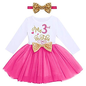 My 1st 2nd 3rd Birthday Party Dress for Baby Girl Princess Pageant Party Sequin Bow Tutu Dress Headband Infant Toddler Playwear Dress Ruffle Skirt Cake Smash Outfit 001 Hot Pink - 3rd Birthday 3 Years