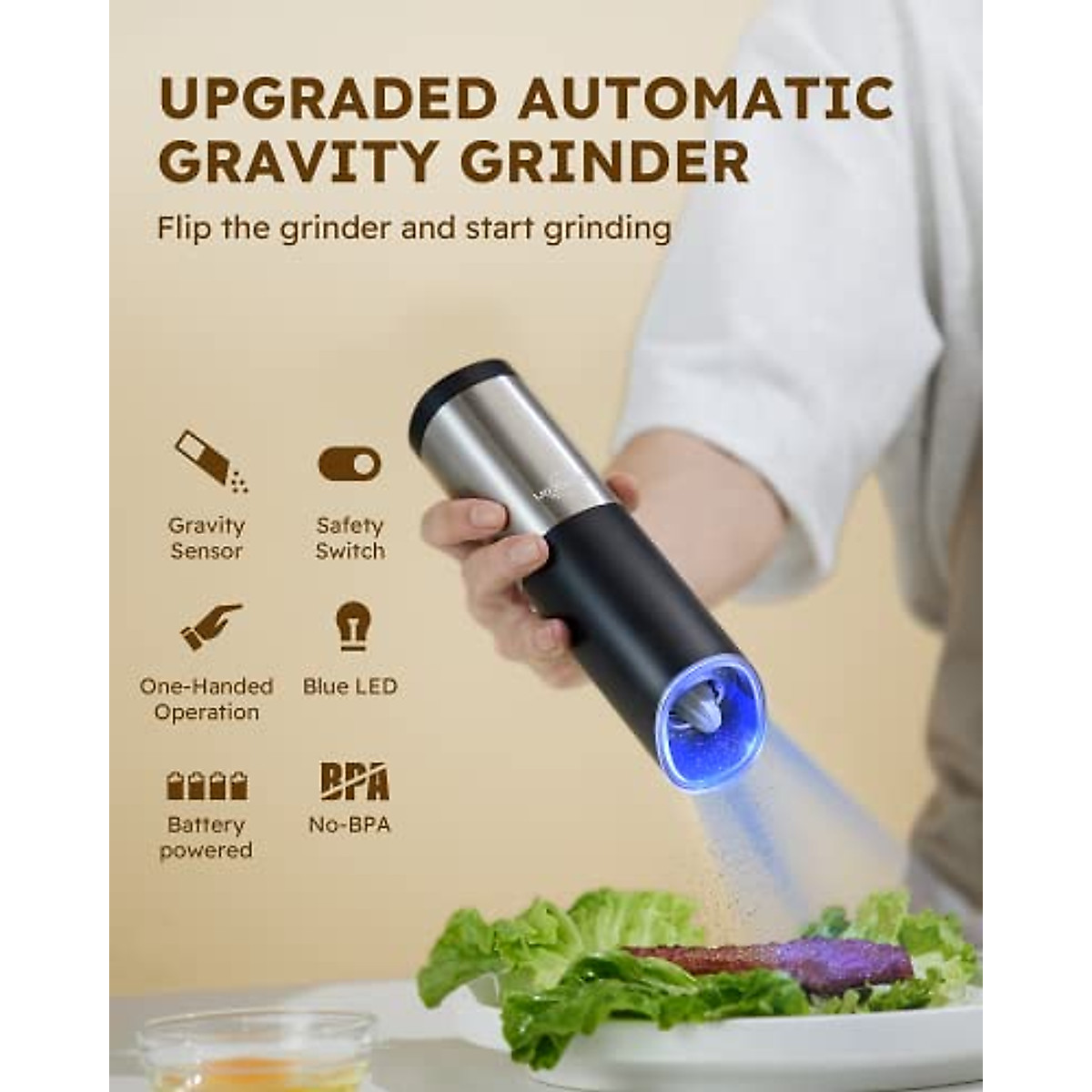 Sangcon Electric Salt and Pepper Grinder Mill Set, Safety & Gravity Switch, Battery Powered with LED Light, Adjustable Coarseness, One Hand Automatic Operated Kitchen Gadgets, Stainless Steel, 2 Pack