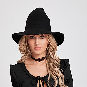 Edoneery Halloween Witch Hat for Women Wide Brim Foldable Pointed Cap for Halloween Party Costume Accessory