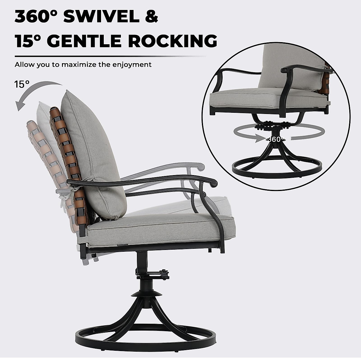 Grand patio 7-Piece Outdoor Dining Set, 6 Leather-Look Wicker Swivel Patio Chairs & 1 Rectangular Dining Table, Black