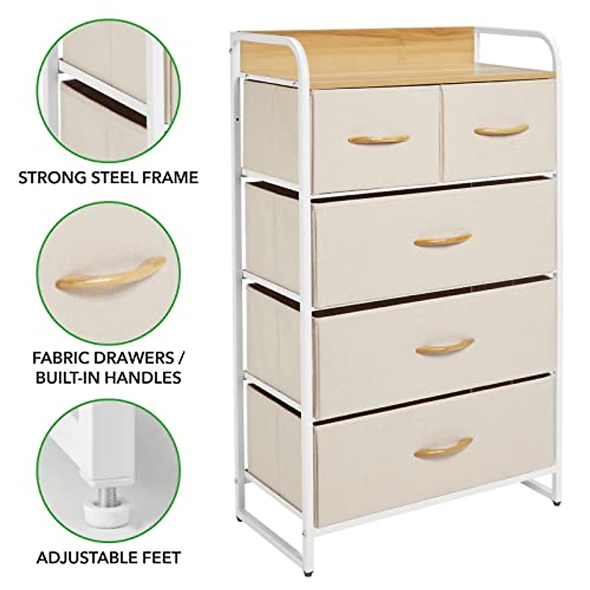 mDesign Tall Dresser Storage Chest - Vanity Furniture Cabinet Tower Unit for Bedroom, Office, and Closet - Textured Print - 5 Removable Drawers - Cream/White
