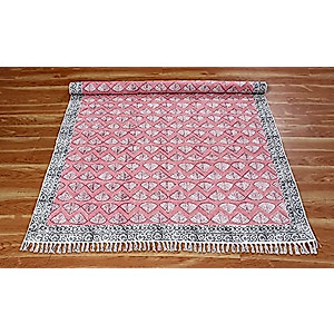 Casavani Indian Handmade Cotton Dhurrie Bordered Pink & Beige Area Rug Boho Kilim Flat Weave Rug Indoor Hall Room Decor Carpet Throw Rugs for Bedroom Living Room Bathroom Balcony 3x10 Feet Runner
