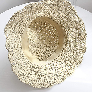 Summer Beach Sun Straw Hats for Women Ladies Wide Brim Lace Bow Floppy Packable Travel Bucket Hats UPF 50+ Crushable UV Fishing Cap Foldable Sun Protection Hat Beige