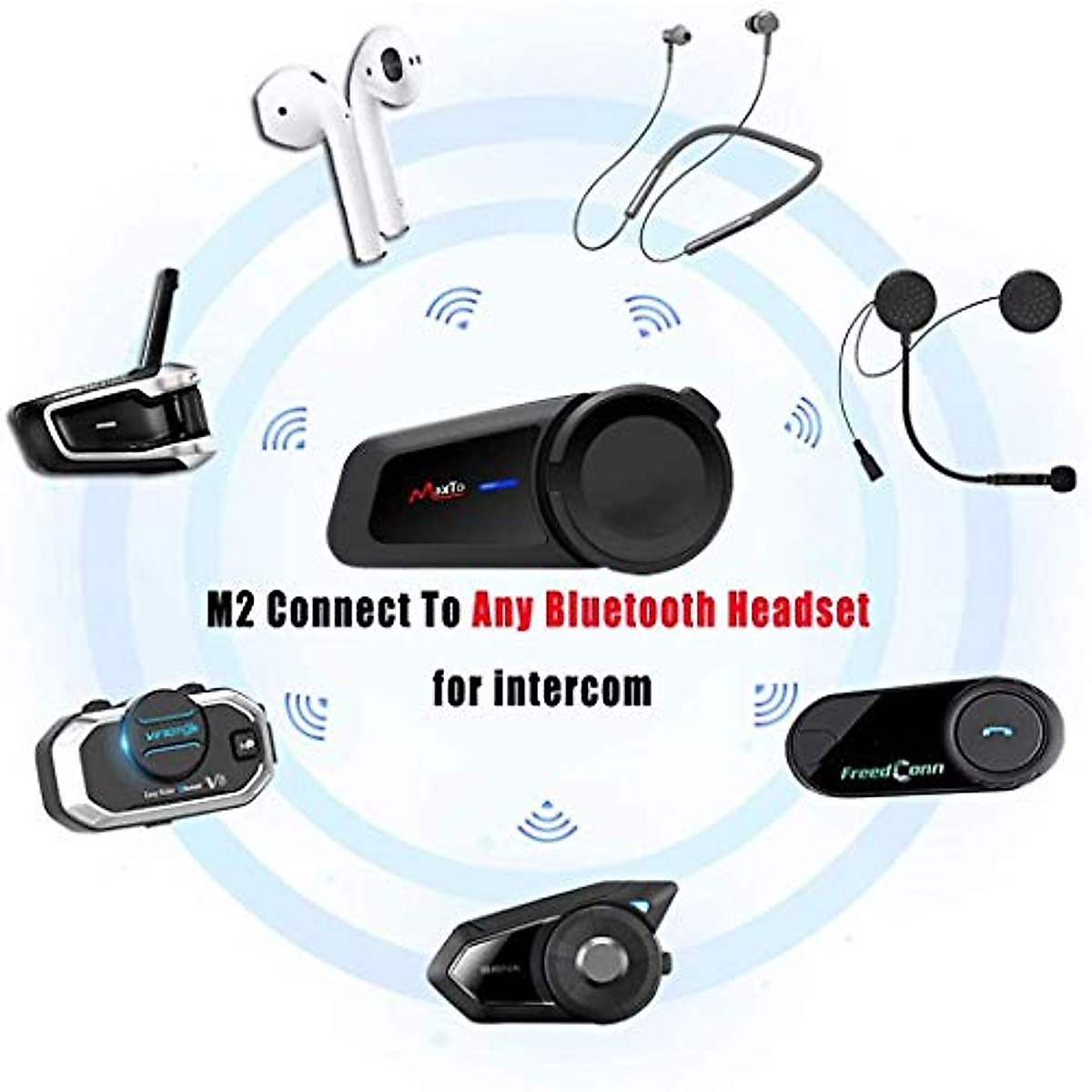 QSPORTPEAK Motorcycle Helmet Bluetooth Intercom Headset Communication Systems Kit, M2 Full Duplex 6 Riders Group Helmet Intercom/FM Radio/Voice Prompt/MP3/GPS Connective/Range 1000m/IP67 Waterproof