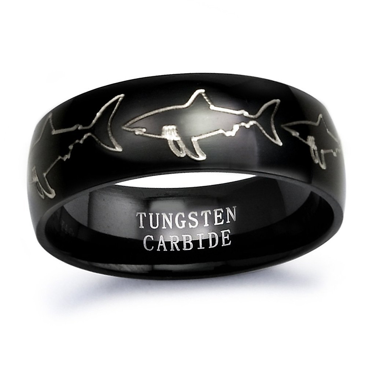 Silver Hearts Jewelry Shark Ring, Tungsten Carbide Black Classic Domed Wedding Band Ring Sizes 5 to 14 (14)