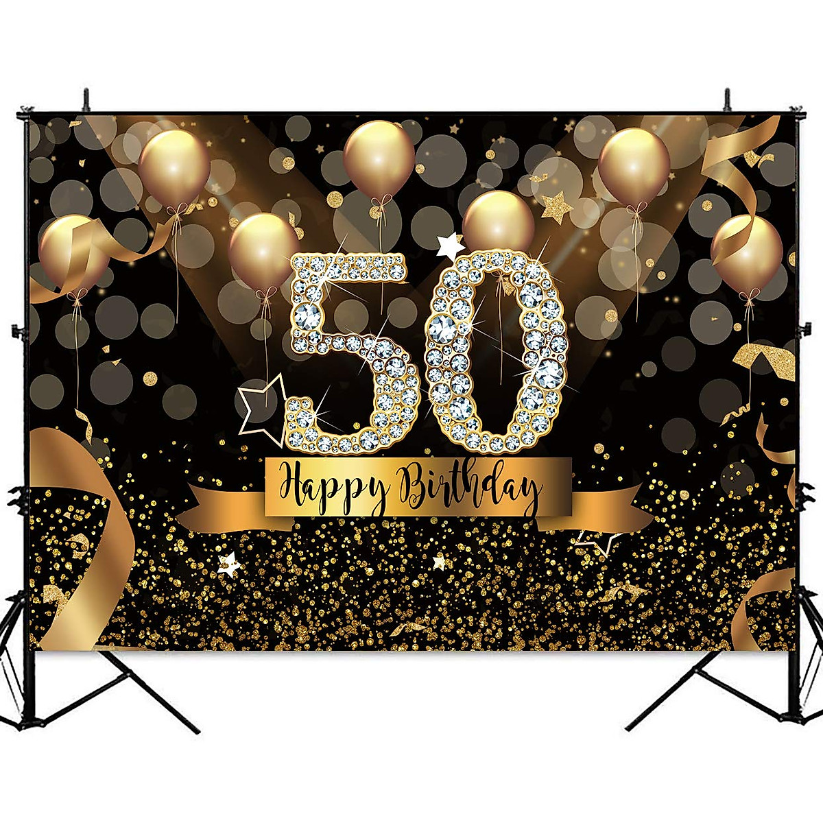 Sensfun 8x6ft Happy 50th Birthday Party Photography Backdrop Glitter Black and Gold Balloons Background for Woman Fabulous 50 Bday Party Decorations Shining Diamond Fifty Years Old Photo Booth Banner