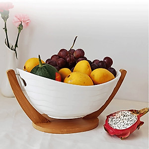 Fruit Basket/Bowl Wood Base Chic Ceramic Dessert Plate Organizer Fruit Dish Home Decor For Party, Family Dinner, Fruit Bowl for Kitchen Counter