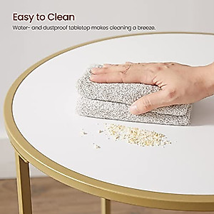 VASAGLE Round Side Table, End Table with Metal Frame, Small Coffee Accent Table, Nightstand, Bedside Table, Easy Assembly, for Living Room, Bedroom, Modern Style, Gold and White ULET282A10