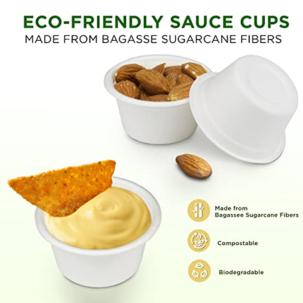 Fit Meal Prep [100 Pack] 2 Oz 100% Compostable Disposable Condiment Cups, Biodegradable Bagasse Fiber Souffle Portion Cups, Eco-Friendly Sample Cups for Tasting, Dip Sauce, Snack, Microwave Safe