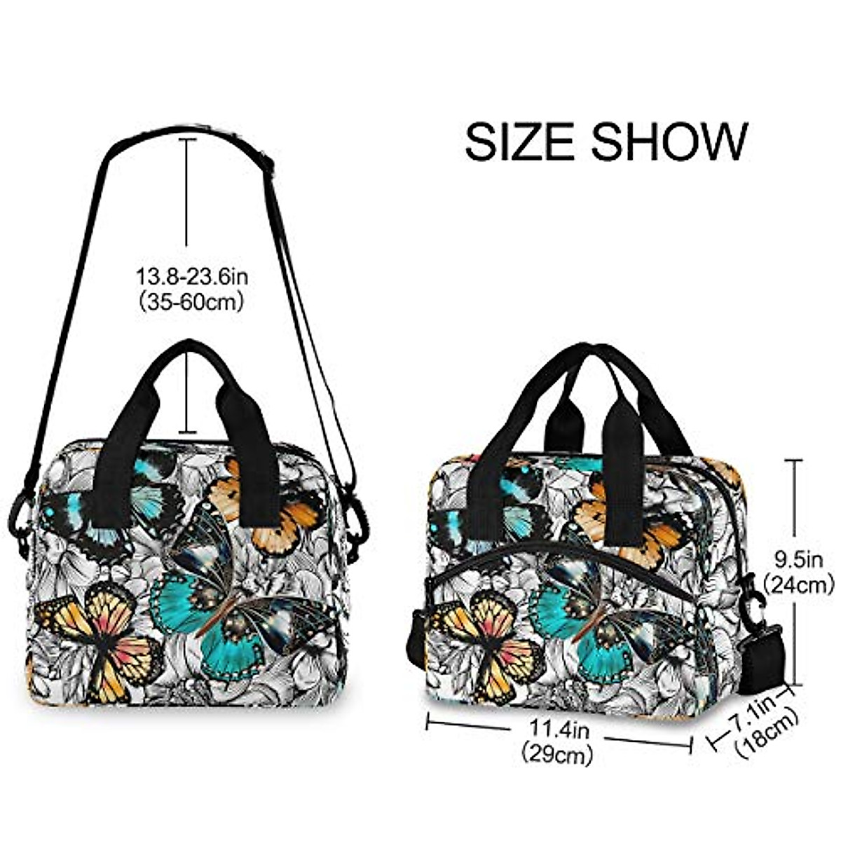 Butterflies Lunch Bag for Women Men Insulated Lunch Box Tote Bag with Detachable Shoulder Strap & Carry Handle,Reusable Cooler Bag for Work School Picnic