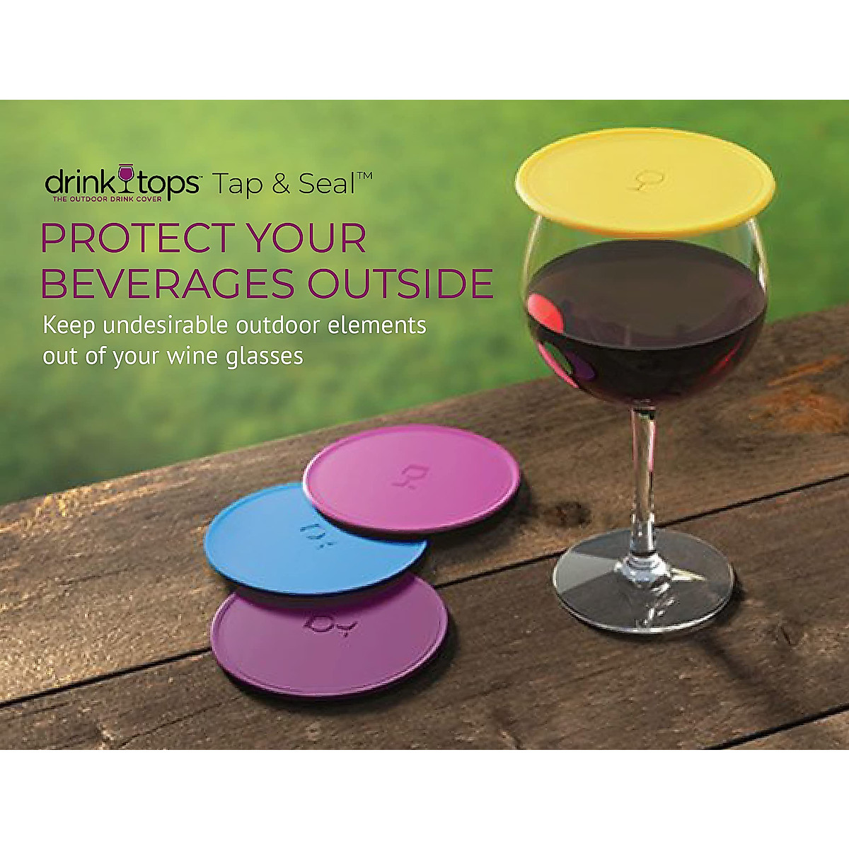 Drink Tops Tap and Seal Outdoor Drinking Glass Cover - Gently Suctions to Glasses to Keep Particles Out & Reduce Splashing - Perfect for Wine Glasses, Coffee/Tea Mugs & Glasses - Vintage Pinot