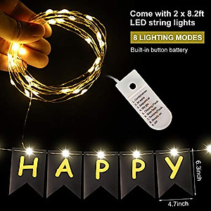 Happy Anniversary Banner Gold Foiled Sign Banner with LED Fairy String Light 8 Flicker Mode, Anniversary Party Decoration Photo Props for Anniversary Wedding Party Ceremony Decoration (Black)