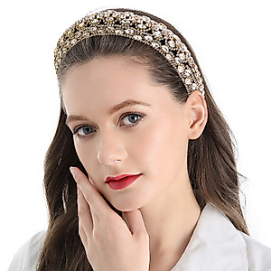 QIANXUAN Crystal Rhinestone Headbands For Women White Pearl Headbands For Girls Padded Headband Black Velvet Jewelry Chain Hairband Handmade Pearly Flower Retro Filling Diamond Hair Accessories