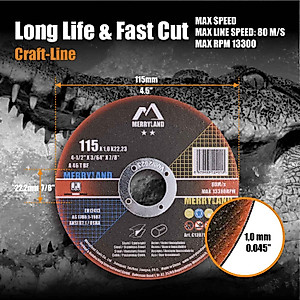 Merryland Cut Off Wheel 4 1/2 inch for Angle Grinder, Metal Cutting Wheel 4.5 X .045 X 7/8 Ultra Thin 50 Pack, Iron Stainless Steel Cutting Disc, Craft-Line C13071042