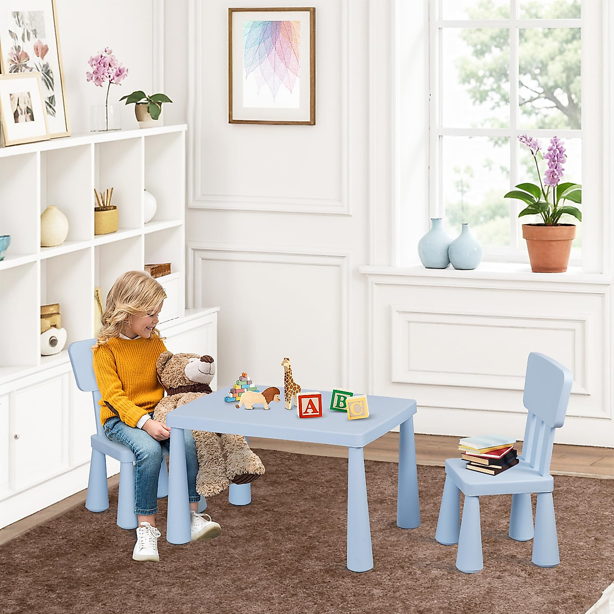 Saicool Kids' Table with 2 Chairs Set,3 Pieces Plastic Activity Table with Chair set for Toddlers, for Classroom or Home, Blue