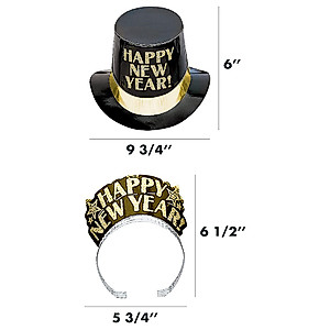 amscan Midnight Elegance Black, Gold and Silver 2025 New Year's Eve Party Decorations Supplies for 10, Includes Top Hats and Tiaras
