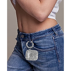 4in1 Bling for AirPod Case Diamonds Cover Set Kit, Luxurious Rhinestone PC for AirPods 2/1 Case Accessories for Women Girl w/Cute Fur Ball Pompom Keychain/Crystal Bracelet/Lobster Clasp Keychain