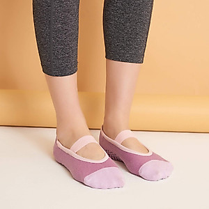 Aprilaugust Non Skid Grip Cotton Socks for Kids, Perfect for Daily wear, Yoga, Dance, Barre, Ballet (US, Age, 4 Years, 7 Years, Pink S Kids + Purple S Mom)