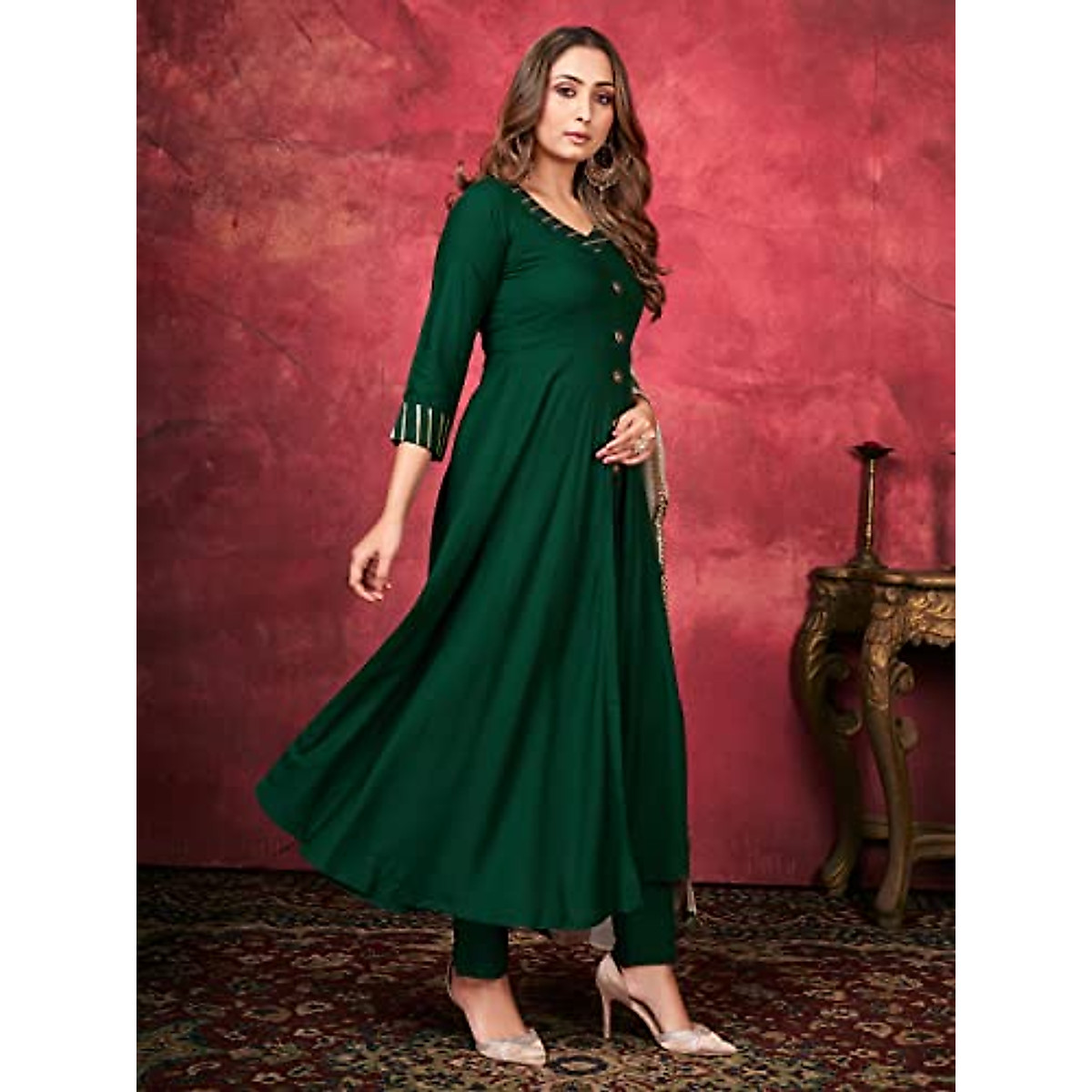 Indian Kurti for Womens With Pant & Dupatta | Rayon Foil Printed Long Kurta Partywear Kurtis For Women Tunic Tops Dark Green