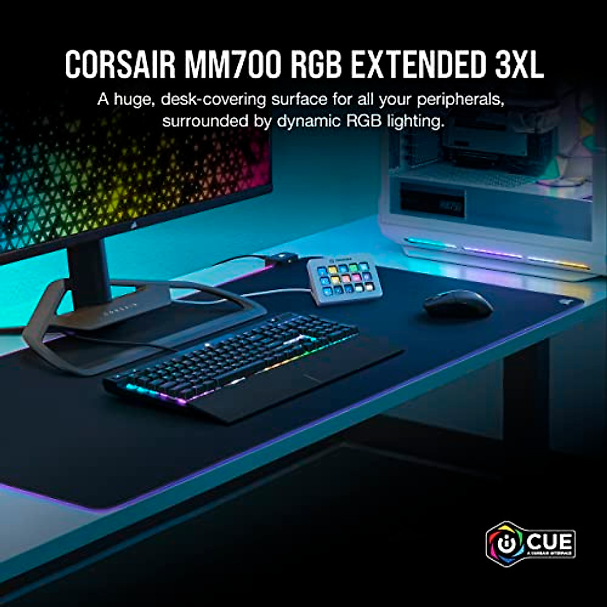 Corsair MM700 RGB Extended 3XL Cloth Gaming Mouse Pad/Desk Mat - Massive 1,220mm x 610mm (48” x 24”) Cloth Surface, 360° Three-Zone RGB Lighting, Two USB Ports - Black