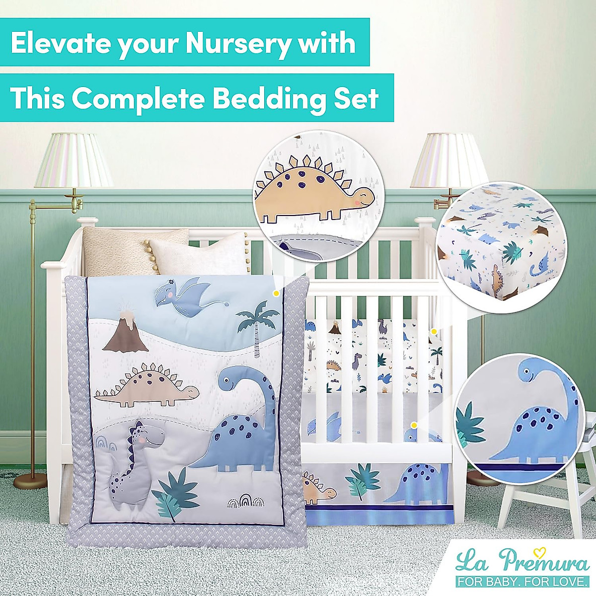 La Premura Baby Crib Bedding Set for Boys – Dinosaur 3 Piece Standard Size Nursery Crib Comforter Set, Grey/Blue - Unisex Baby Nursery Bedding and Neutral Decor