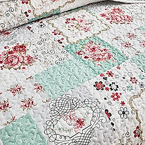 UOZZI BEDDING 3 Piece Floral Patchwork Quilt Set Queen Size White Green Lightweight Coverlet Bedspread with Red Flower Floral Plaid Patchwork Spring and Summer Quilt Set (1 Quilt+ 2 Shams)